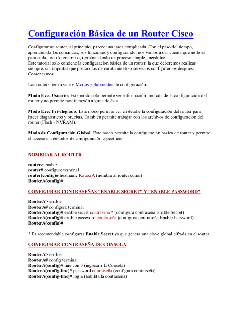Configuración Básica de Un Router Cisco | PDF | Enrutador (Computación) | Dirección IP