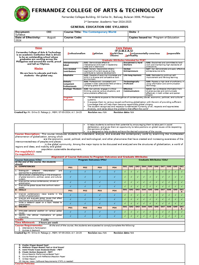 The Contemporary World Syllabus - AY2425 | PDF | Globalization ...