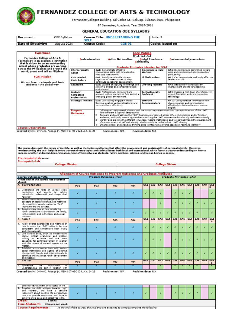 Teacher Copy - Understanding The Self Syllabus - AY2425 | PDF ...
