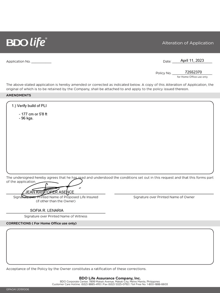 Policy Application Alteration Form | PDF