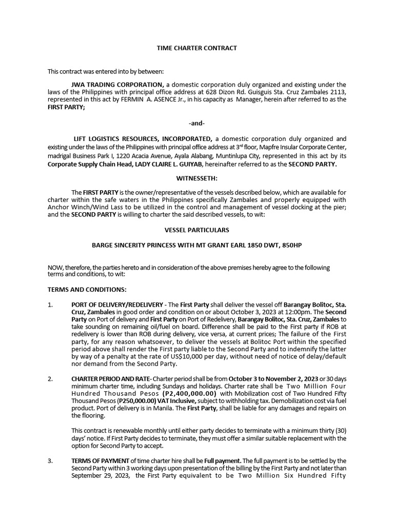TC Contract - JWA Trading Corp - Sincerity Princess-Grant Earl ...