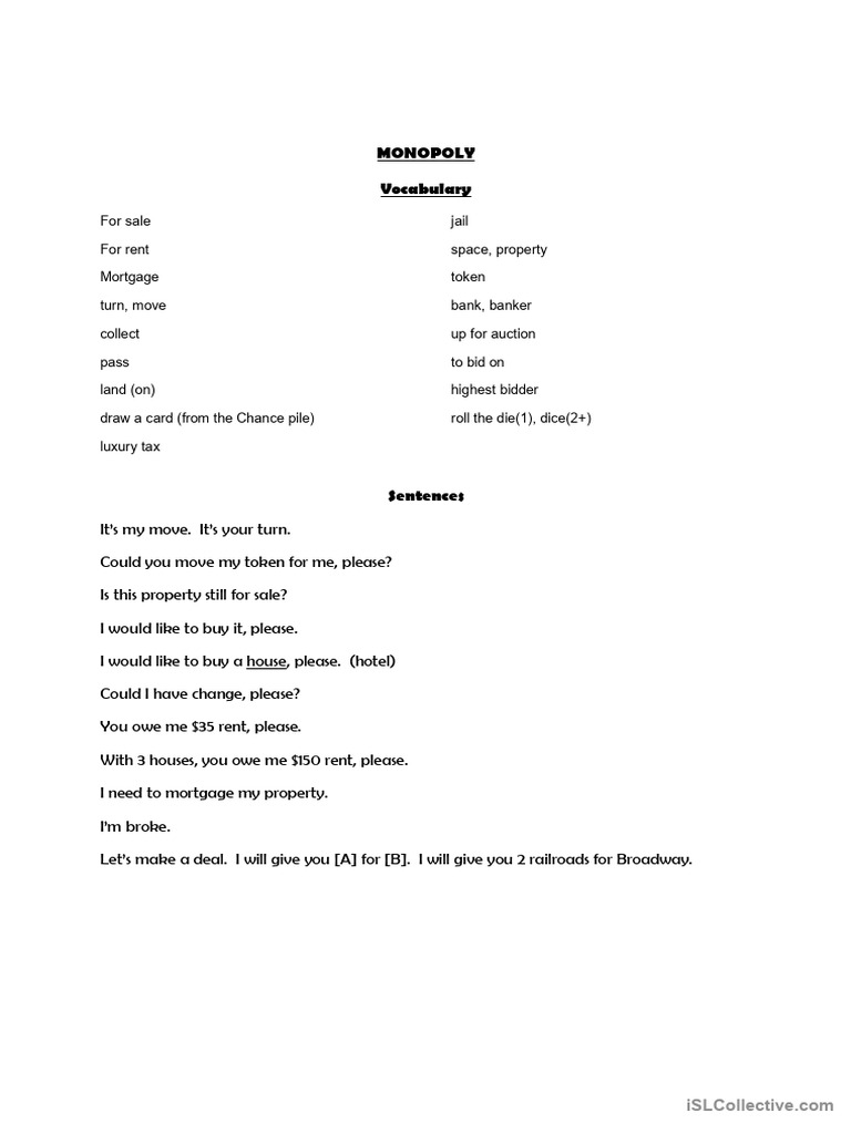 Monopoly Vocabulary and Example Sentences | PDF