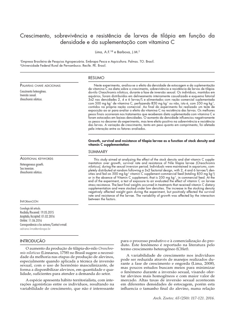 Crecimiento Supervivencia y Resistencia de Larvas de Tilapia en Funcion ... Crecimiento Supervivencia y Resistencia de Larvas de Tilapia en Funcion ...