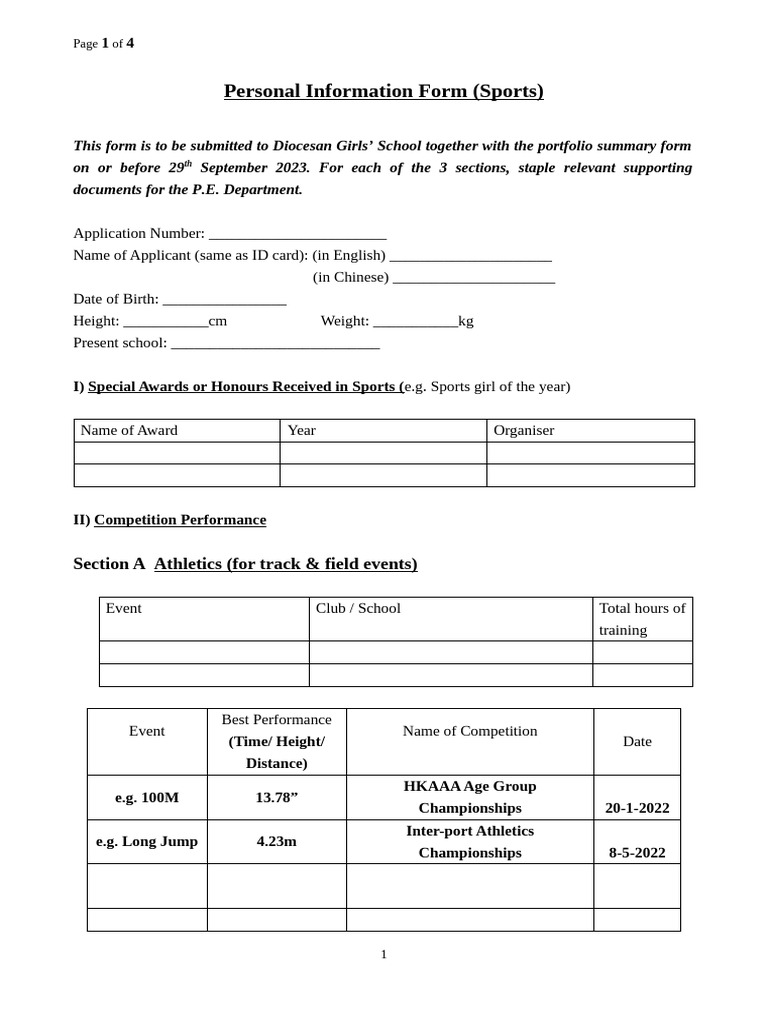 Athletic Team Information Form | PDF | Sports | Athletic Sports