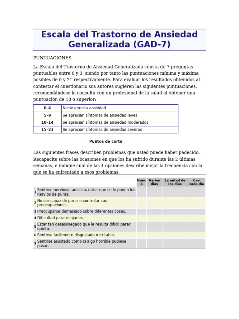 GAD-7 PUNTUACIONES Escala Del Trastorno de Ansiedad Generalizada | PDF