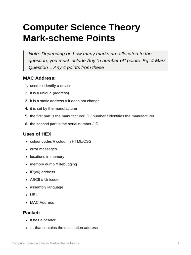 CS Theory Mark Scheme Points | PDF | World Wide Web | Internet & Web