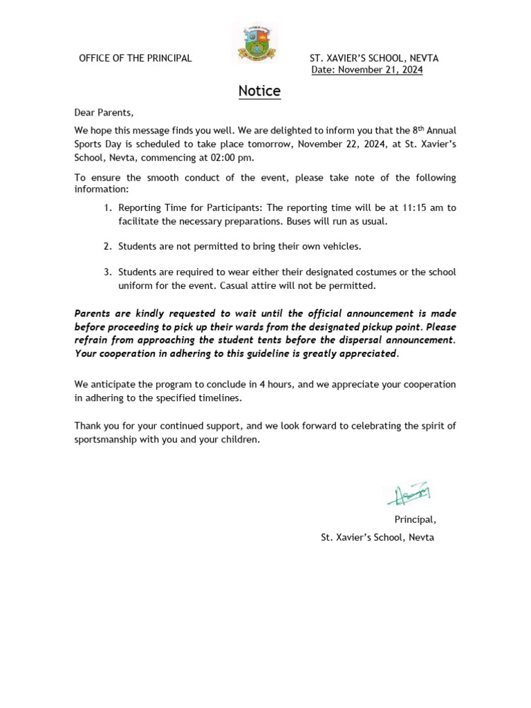 8th Annual Sports Day Notice 2024 | PDF