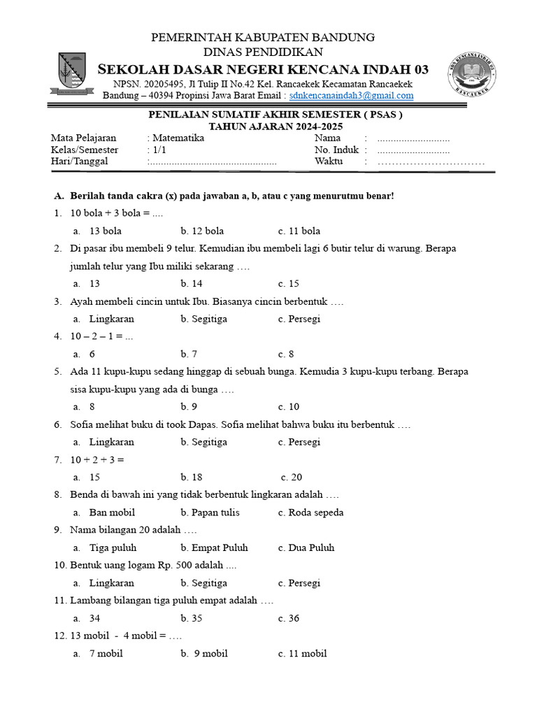 Soal Matematika PSAS Kelas 1 SMT 1 2024 - 2025 | PDF