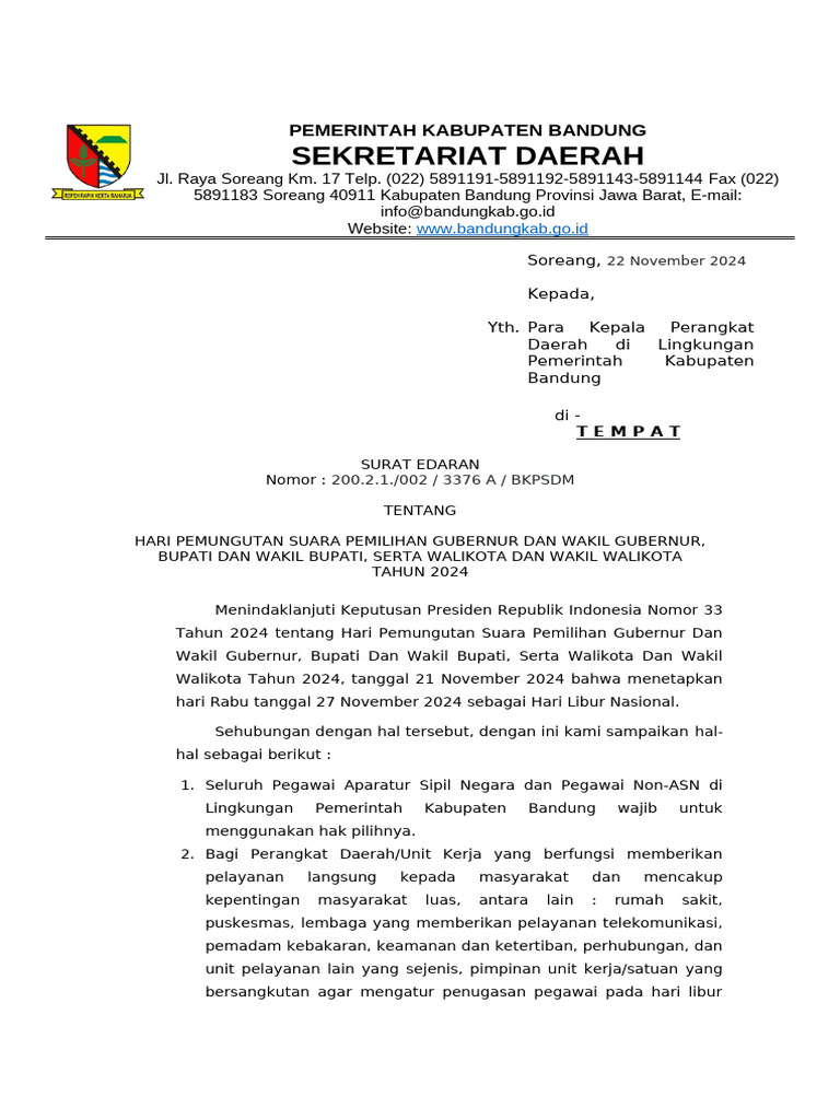 Hari Libur Pilkada 2024 Bandung | PDF