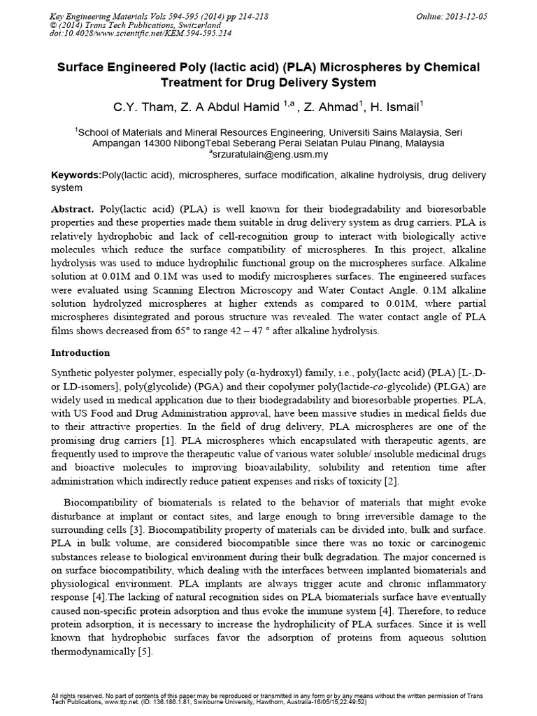 Urface Engineered Poly (Lactic Acid) (PLA) Microspheres by Chemical ...