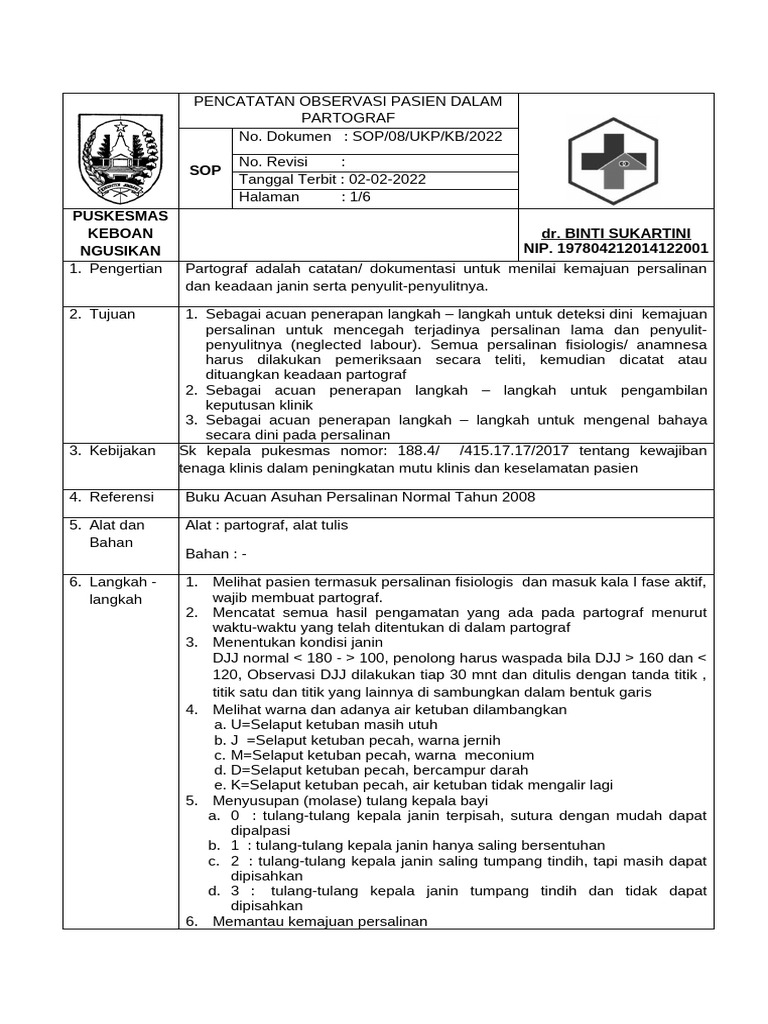 8.sop Penggunaan Partograf | PDF
