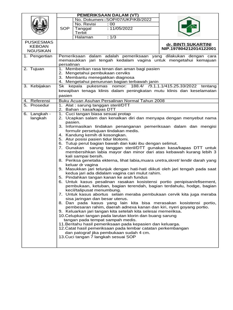 7.sop Pemeriksaan Dalam (VT) | PDF