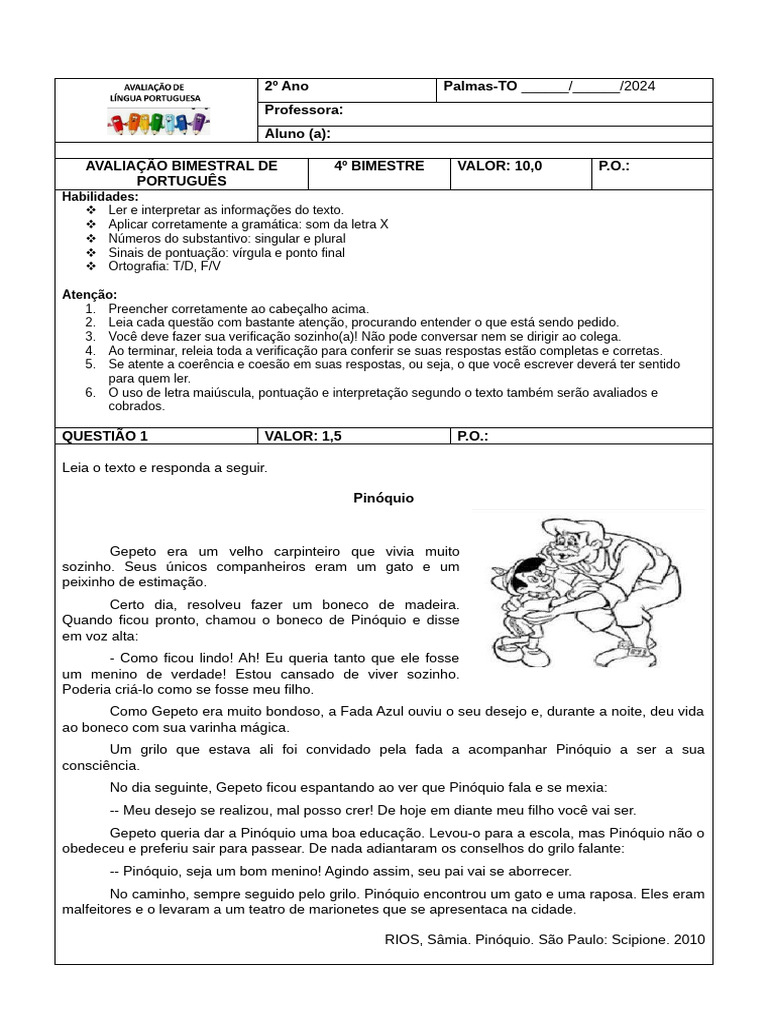 2o Ano - Prova de Português 4ºB | PDF | Linguística