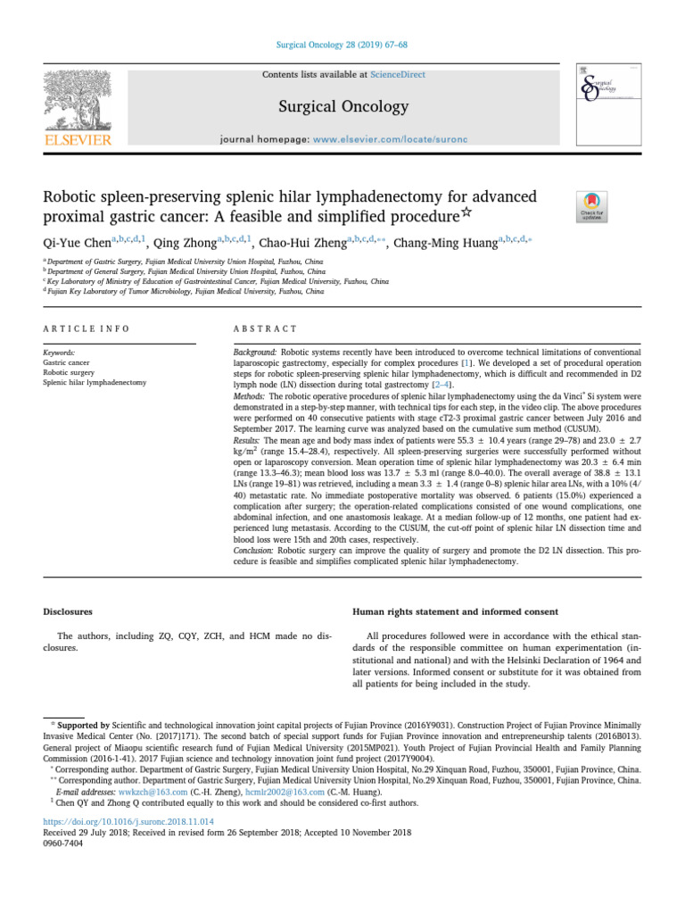 Robotic Spleen-Preserving Splenic Hilar Lymphadenctomy For Advanced ...