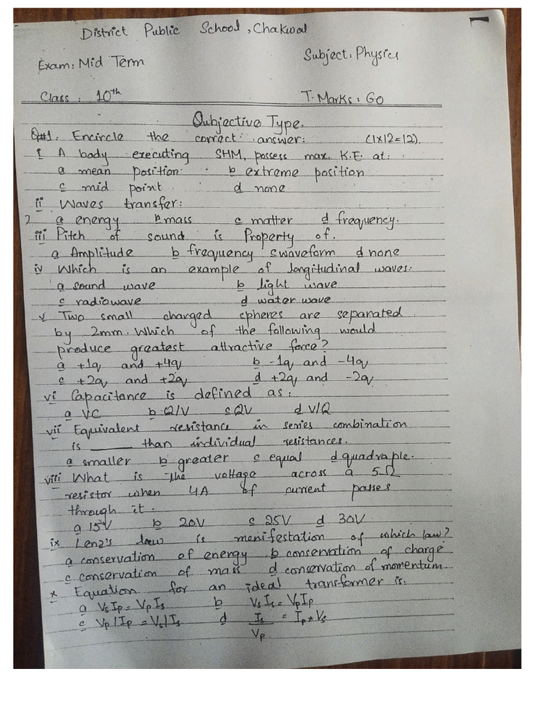 Class 10TH Physics Paper 1 | PDF