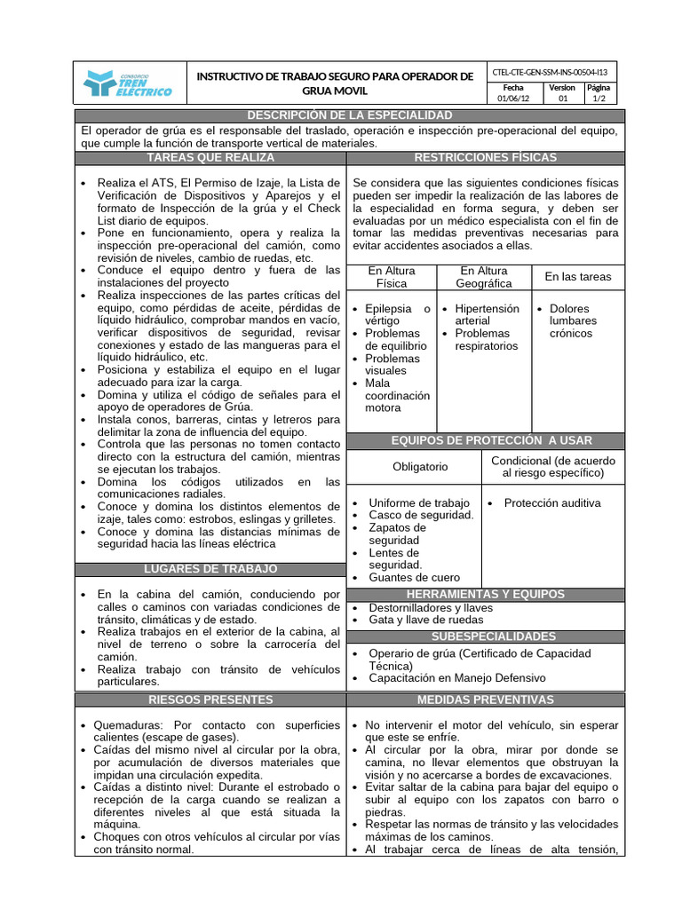 Ctel Cte Gen SSM Ins 00504 I13 Operador Grúa Móvil - Rev01doc | PDF | Camión