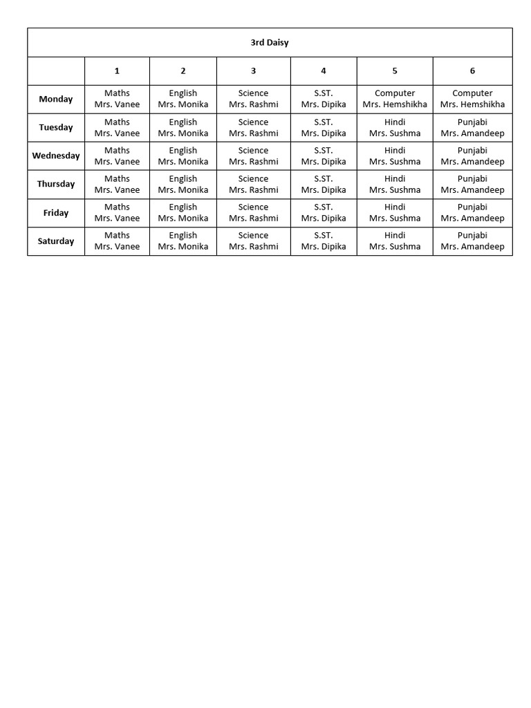 Mrs. Vanee's Weekly Class Schedule | PDF