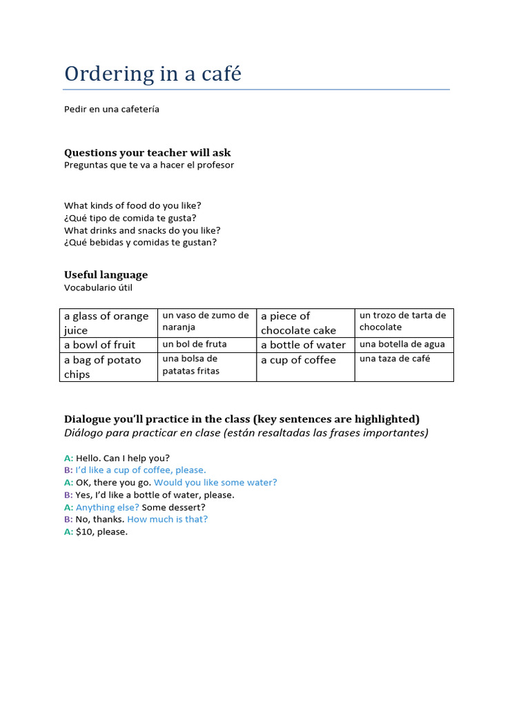 Ordering in A Cafe: Questions Your Teacher Will Ask | PDF