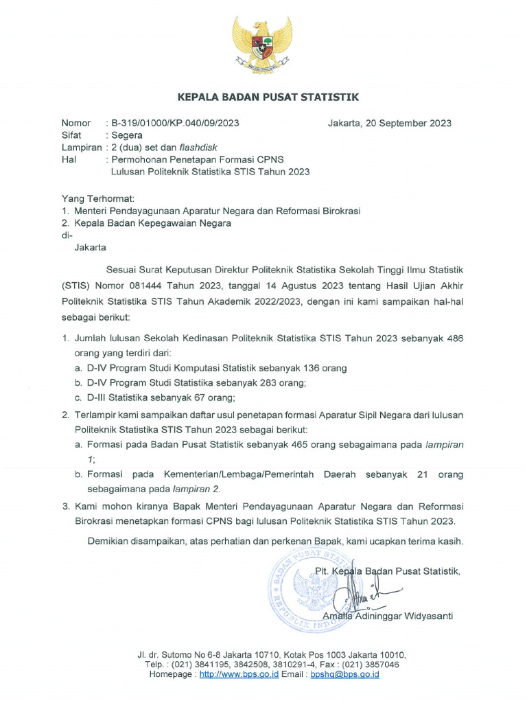 B-319.01000.KP.040.09.2023 Surat Dan Lampiran Penetapan Formasi Lulusan Polstat Stis Tahun 2023 ...