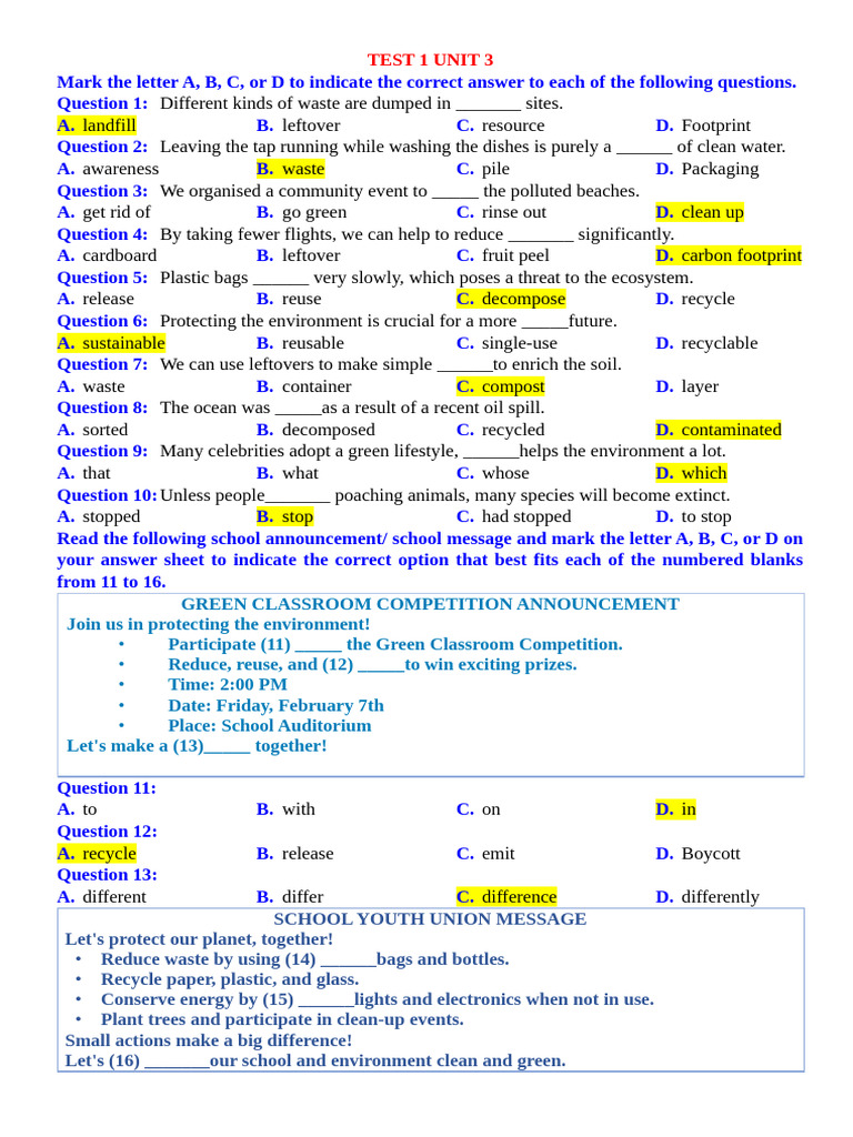 GV Unit 3 Test 1 | PDF | Waste | Recycling
