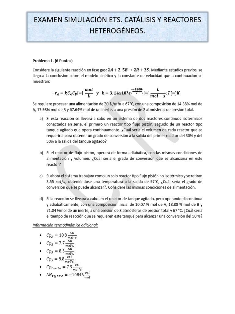 Examen de Catálisis y Reactores | PDF | Reactor Quimico | Catálisis