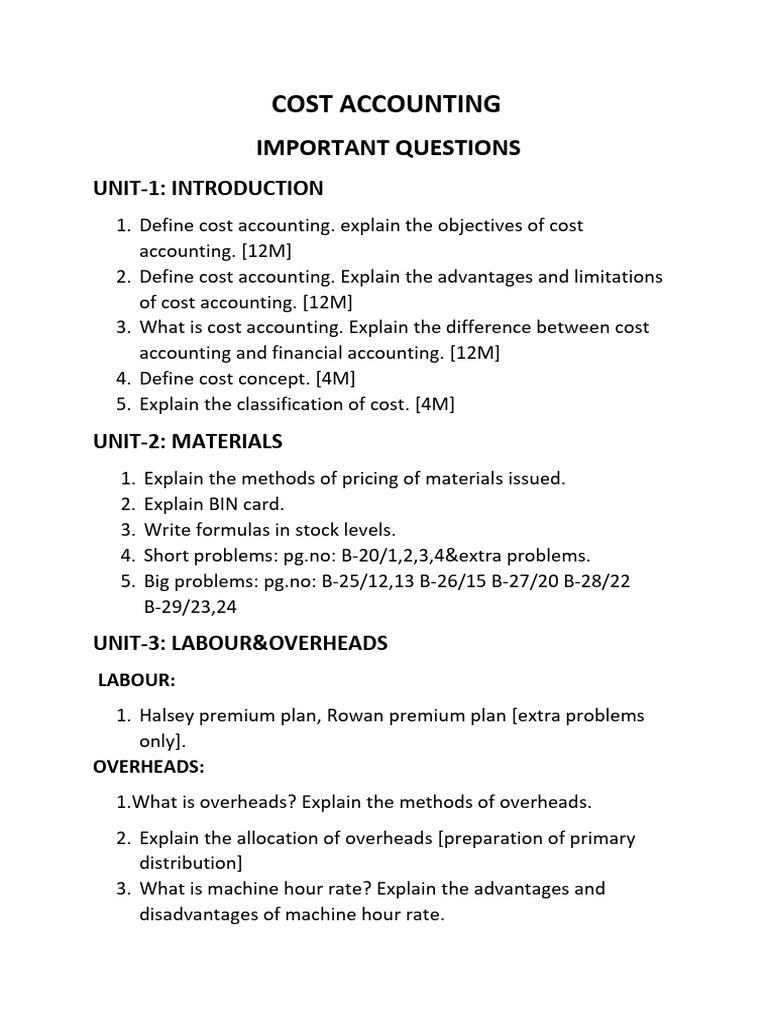 Cost Accounting Important Questions | PDF