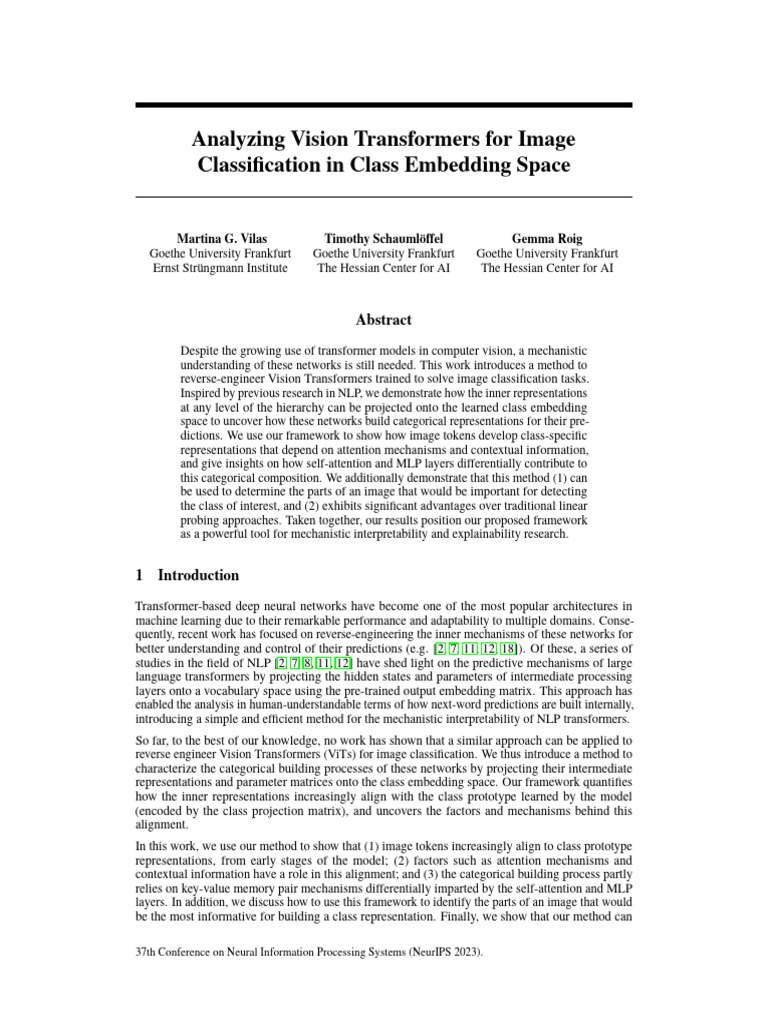 NeurIPS 2023 Analyzing Vision Transformers For Image Classification in Class Embedding Space ...