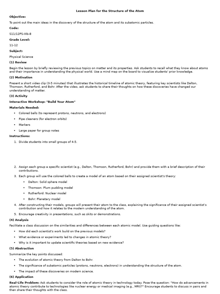 Lesson Plan: Structure of the Atom | PDF | Atoms | Atomic Nucleus
