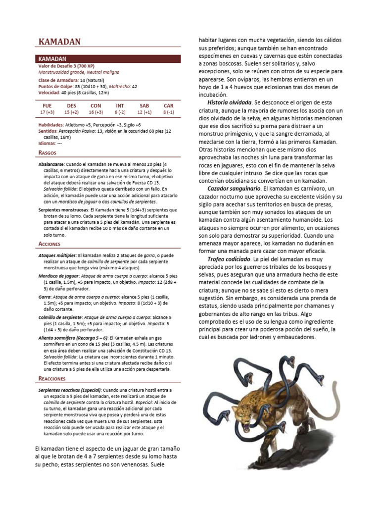 Kamadan: Monstruo DND 5E | PDF | Serpiente | Jaguar