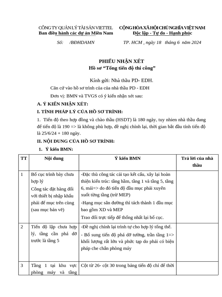 BM01 - Phieu Nhan Xet - Tong Tien Do Thi Cong | PDF