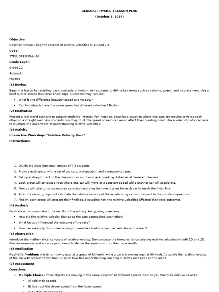 Grade 12 Physics: Relative Velocity Lesson Plan | PDF | Velocity | Speed