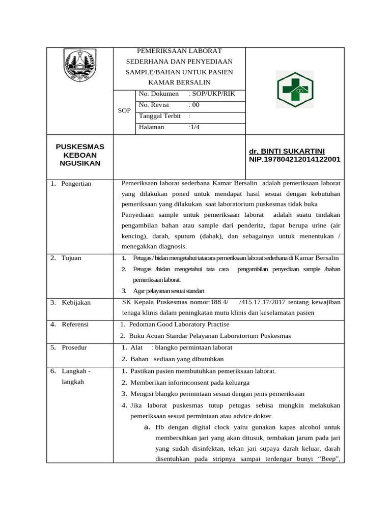 29.sop Pemeriksaan Laborat Pasien | PDF