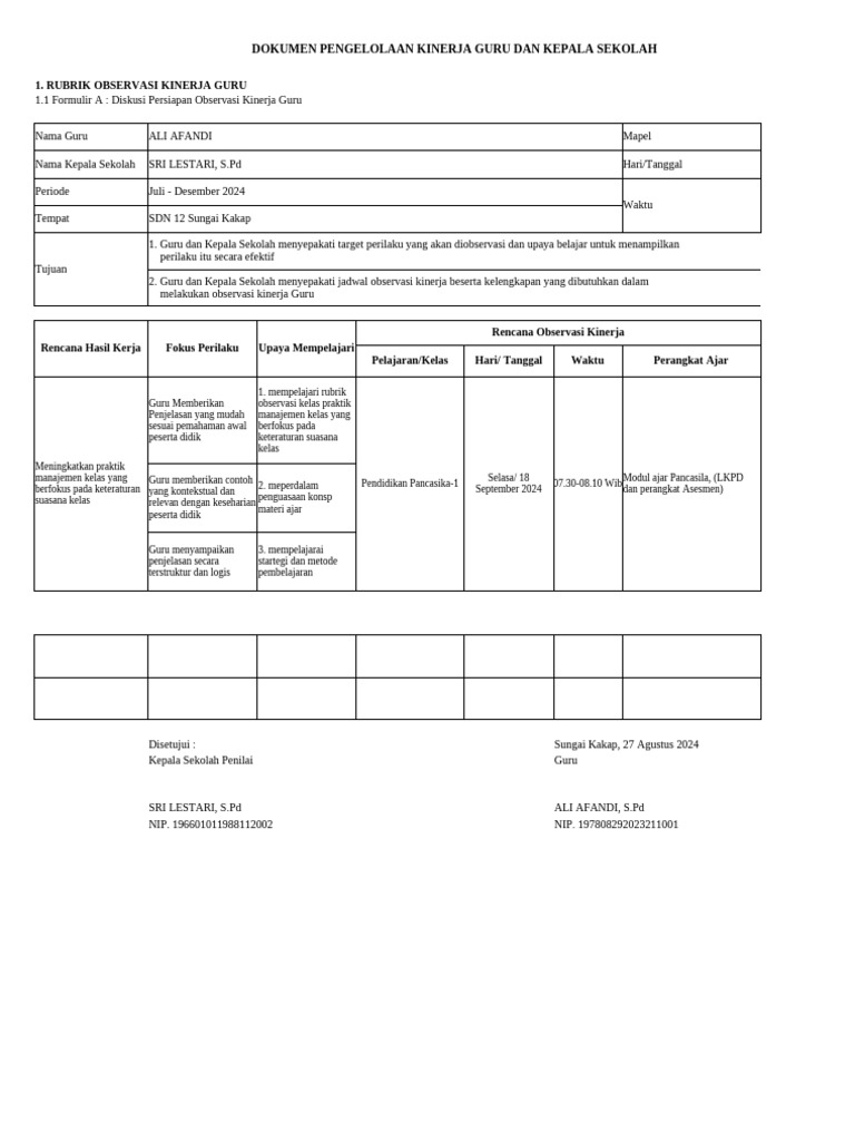 Form Observasi Keteraturan Suasana Kelas ALI AFANDI | PDF