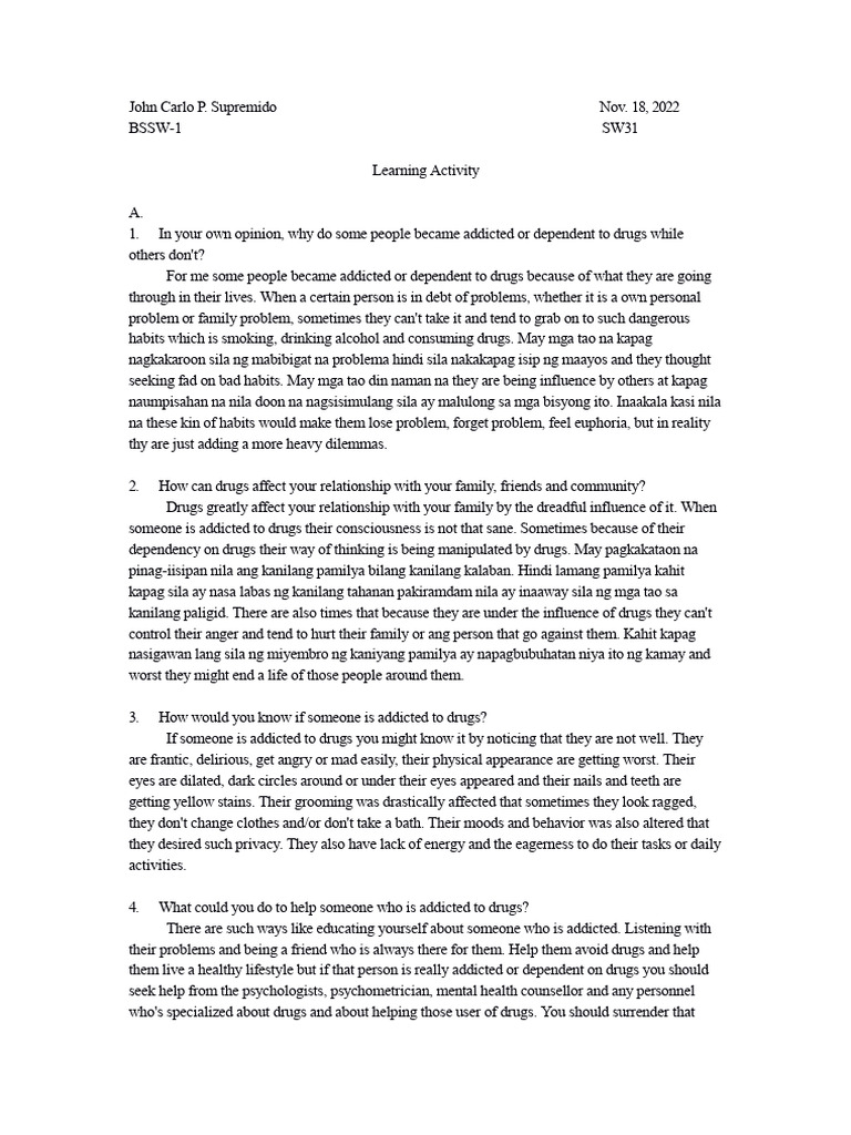 Learning Activity SW31 | PDF | Drug Rehabilitation | Drugs