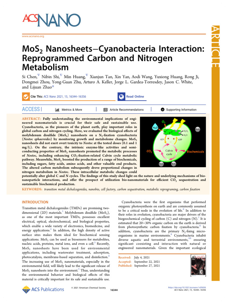 Chen Et Al 2021 Mos2 Nanosheets Cyanobacteria Interaction Reprogrammed Carbon and Nitrogen ...