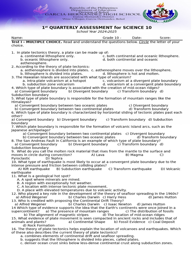 Q1-Science 10-Periodical Test | PDF | Plate Tectonics | Volcano