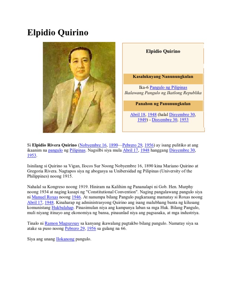 Elpidio Quirino Talambuhay Tagalog Elpidio Quirino, President Of The