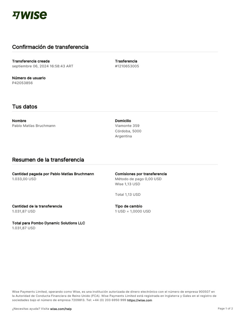 Confirmación de Transferencia Wise USD | PDF | Economias | Pagos