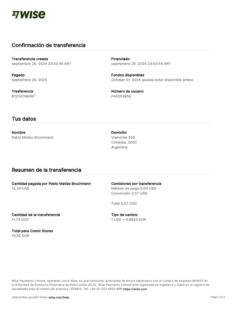 Wise Transaction Invoice Transfer 1234786087 3987028308 Es | PDF ...