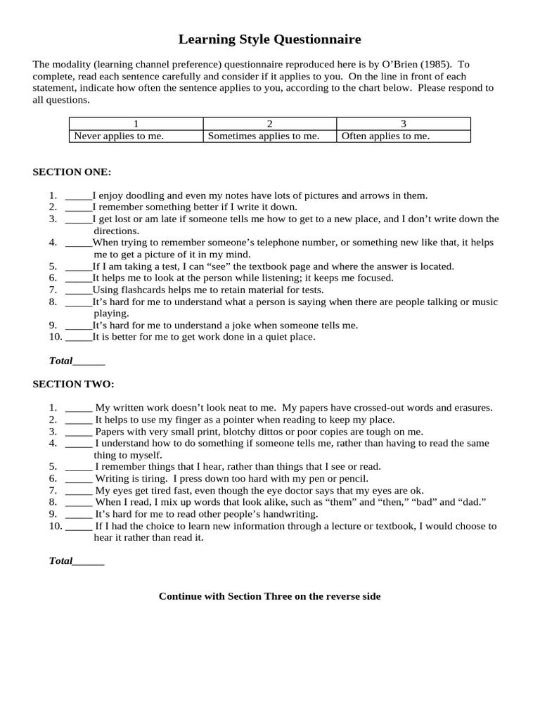 Learning Style Questionnaire | PDF | Learning Styles | Learning