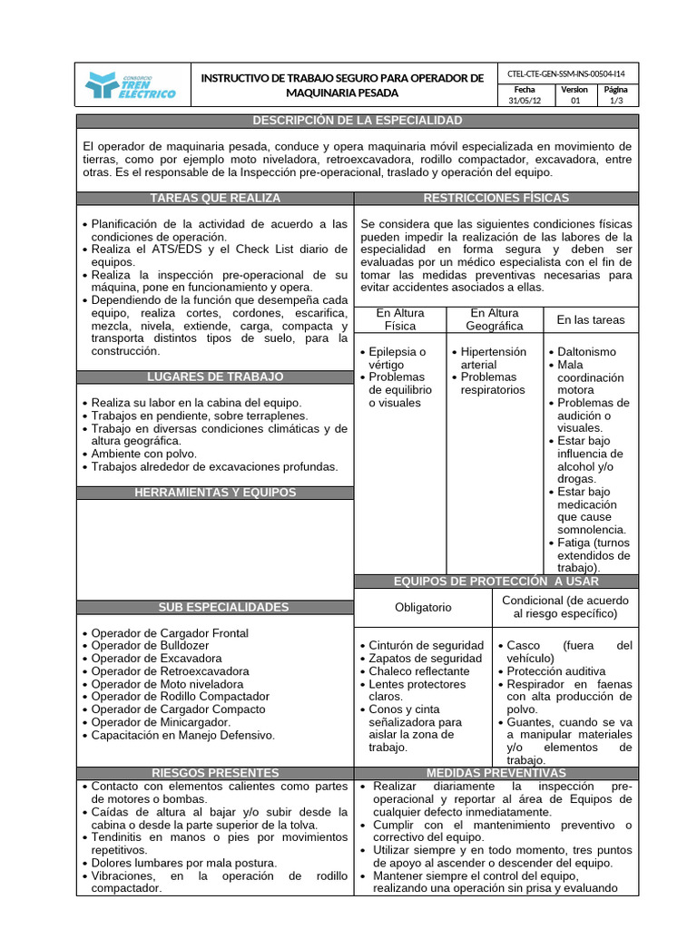 CTEL-CTE-GEN-SSM-INS-00504 I14 Operador Maquinaria Pesada - Rev01 | PDF
