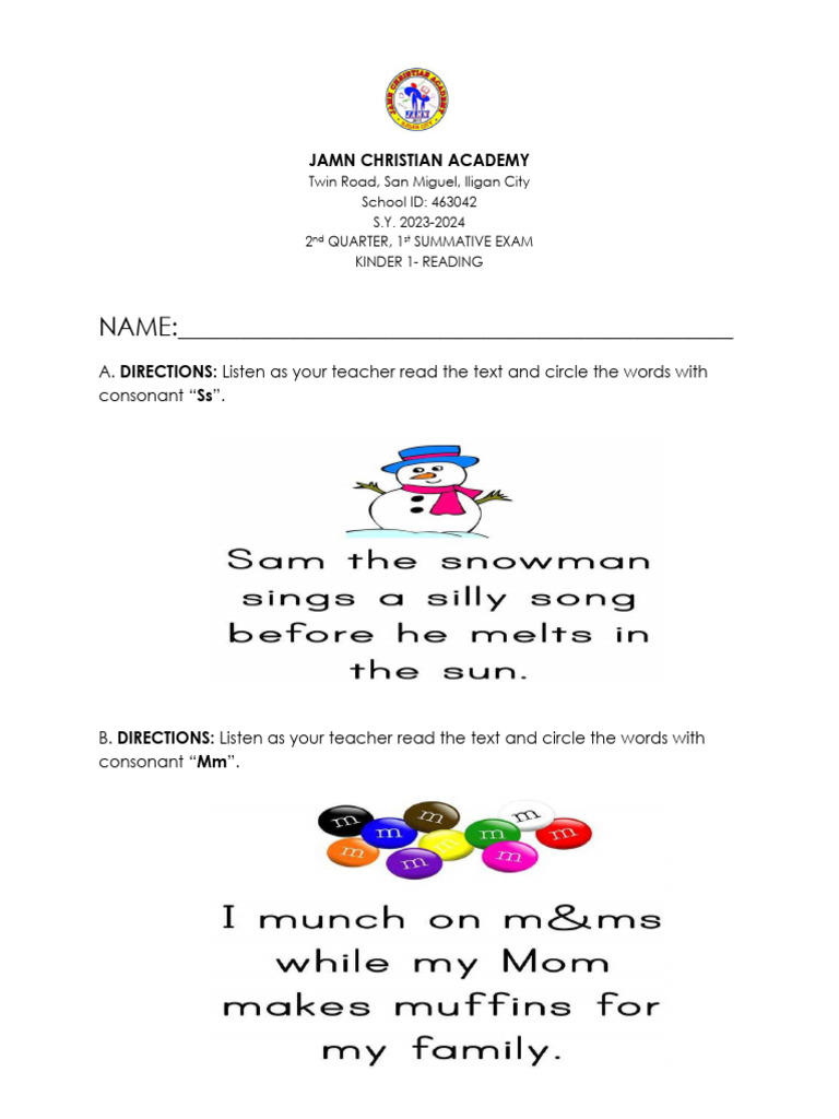 Kinder 1 2ND Quarter Summative Exam | PDF