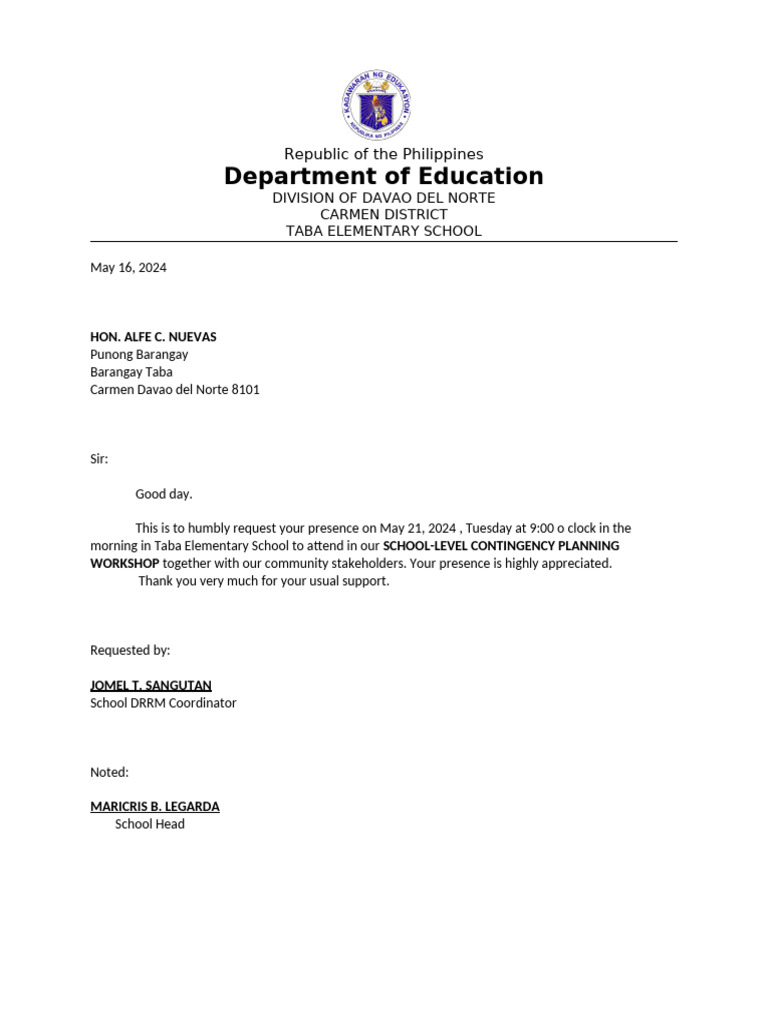 Request Letter To School Contingency Planning DRRM | PDF