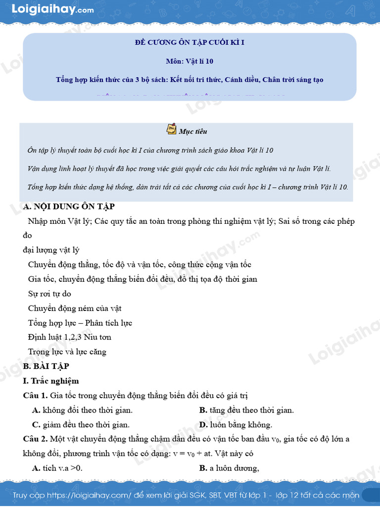 De Cuong On Tap hk1 Vat Li 10 Co Dap An 1704853980 | PDF