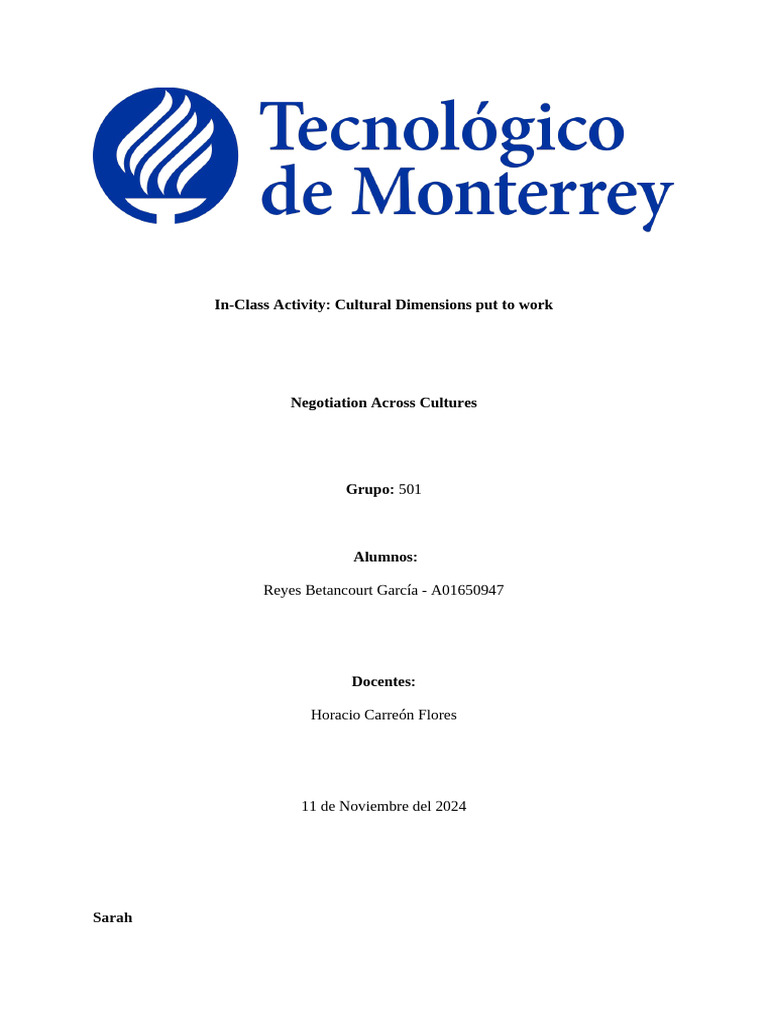 In-Class Activity - Cultural Dimensions Put To Work | PDF ...