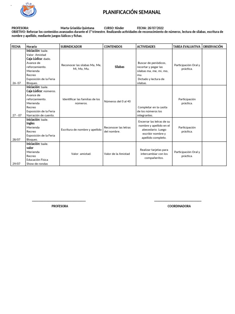 Ejemplo de Planificación Semanal Kínder | PDF | Escritura ...