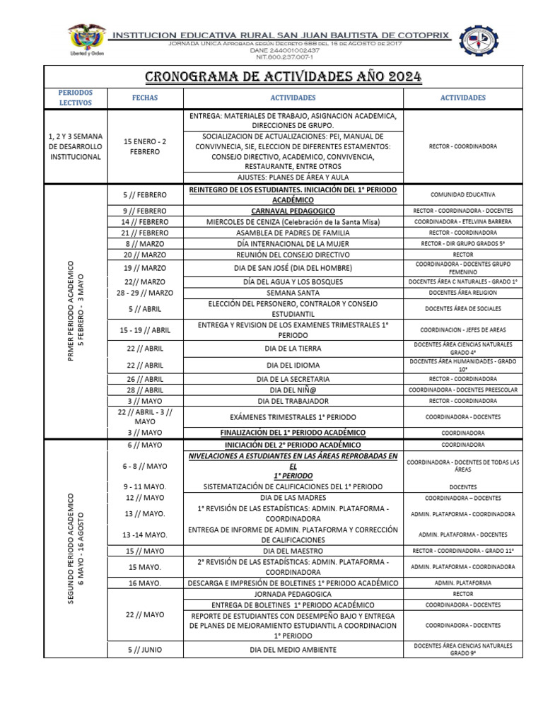 Cronograma de Actividades Año 2024 | PDF