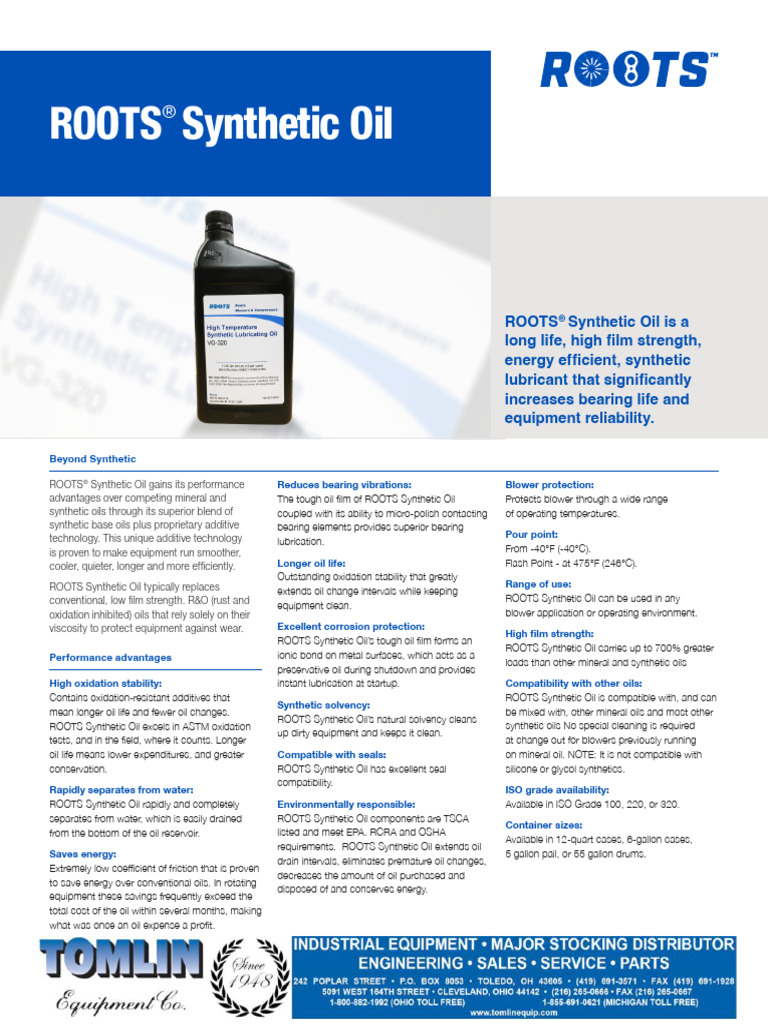 Roots Synthetic Oil Brochure | PDF | Motor Oil | Lubricant