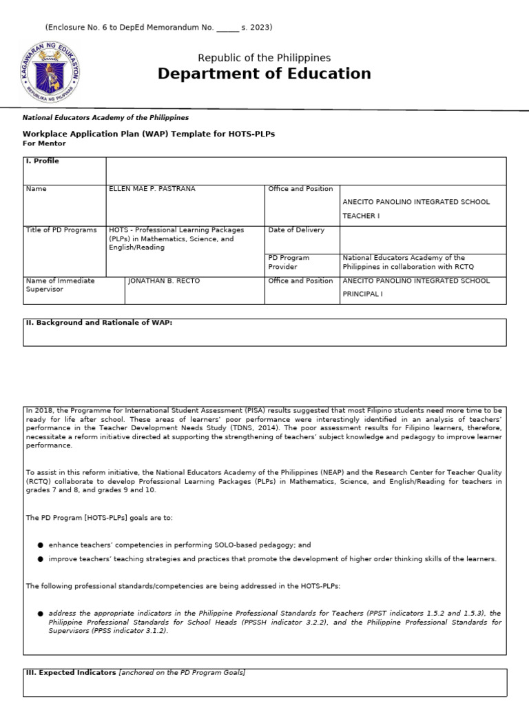 Workplace Application Plan Template for Teachers | PDF | Teachers ...