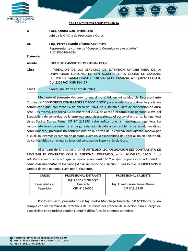 Carta N°052-2023-Sup-Cca-Unsa Solicito Cambio de Personal Clave | PDF ...